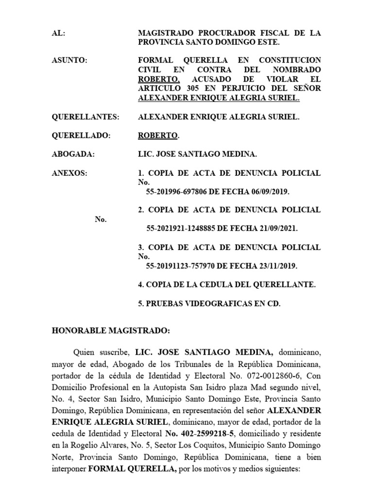 Querella Alexander Enrique Alegria Suriel | PDF | Derecho penal ... Querella Alexander Enrique Alegria Suriel | PDF | Derecho penal ...