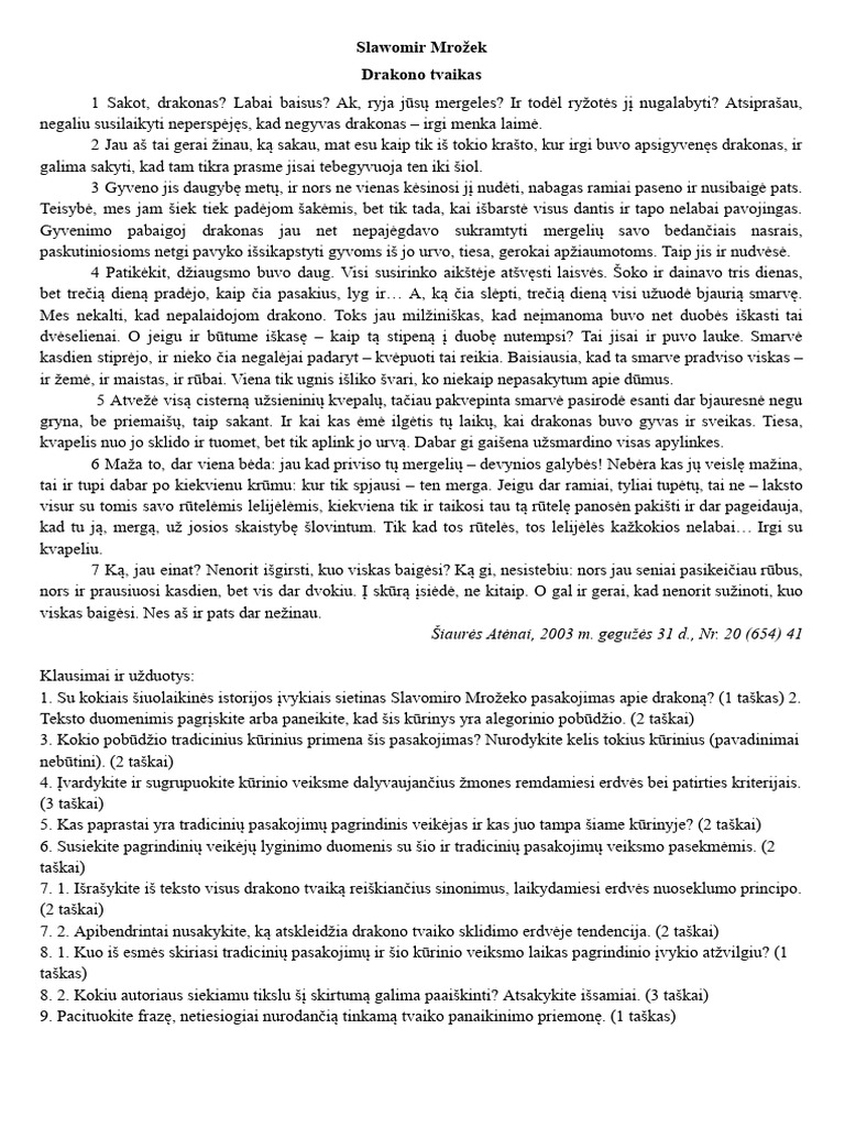 Slawomir Mrožek. Drakono Tvaikas. Teksto Suvokimas | PDF Slawomir Mrožek. Drakono Tvaikas. Teksto Suvokimas | PDF