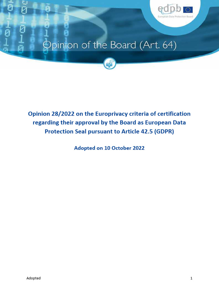 Edpb Opinion 202228 Approval of Europrivacy Certification Criteria As Eu Data Protection Seal en ...