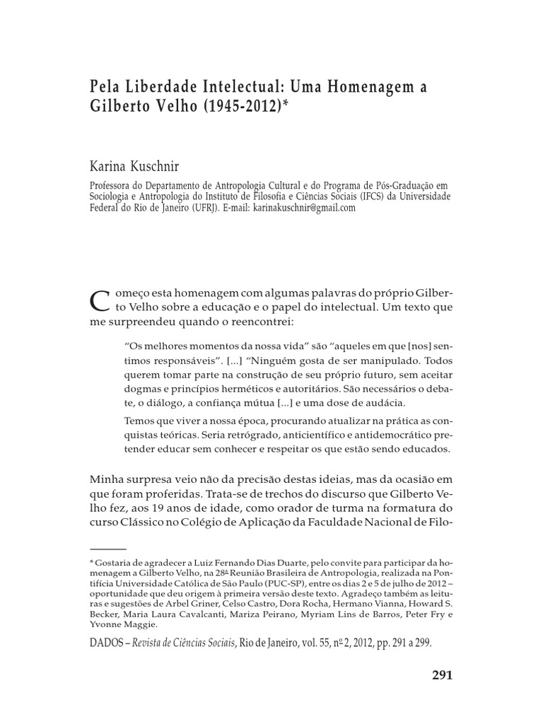 KUSCHNIR, Karina. Pela Liberdade Intelectual - Uma Homenagem A Gilberto Velho | PDF | Science ...