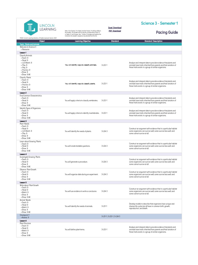 Science 3.A.S1 - Course Pacing Guide | PDF | Organisms | Heredity