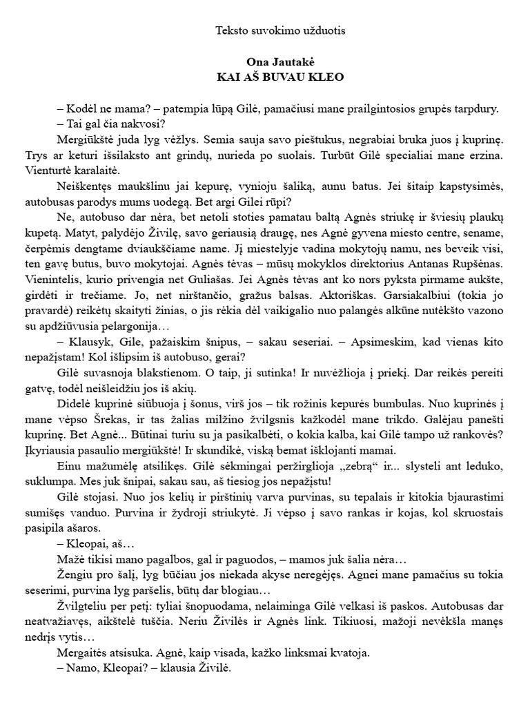 Kai Aš Buvau Kleo. Teksto Suvokimo Užduotis. | PDF