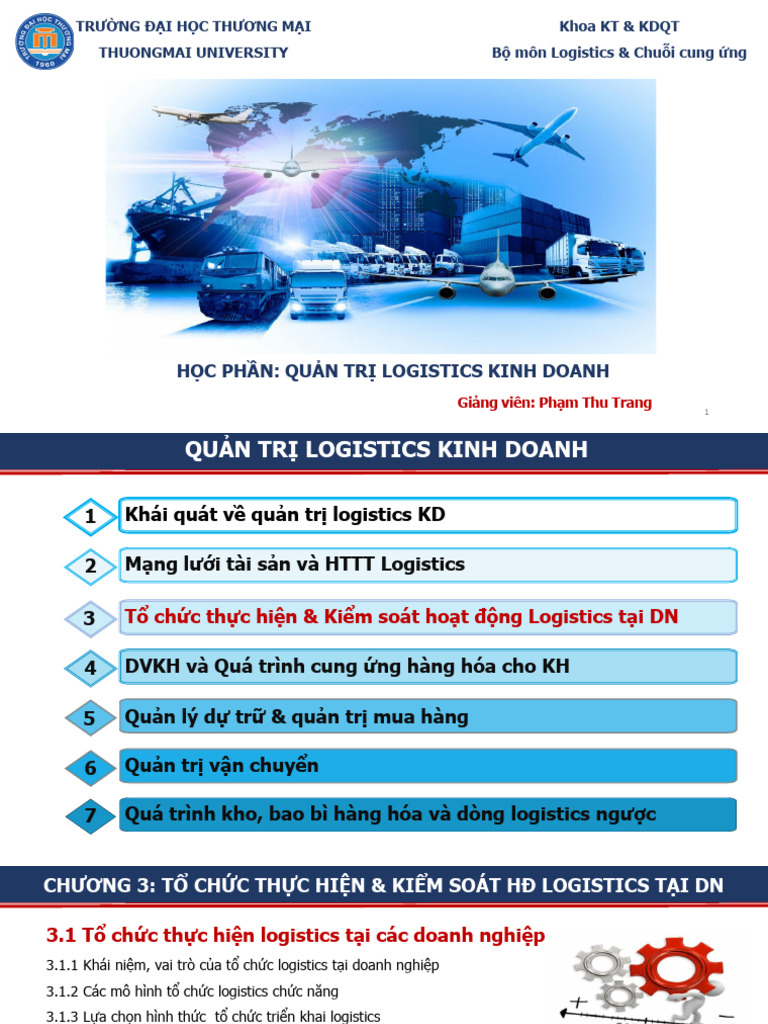 Logistics KD - Chương 3_Tổ chức thực hiện & Kiểm soát hoạt động Logistics tại DN_SV_2024 | PDF