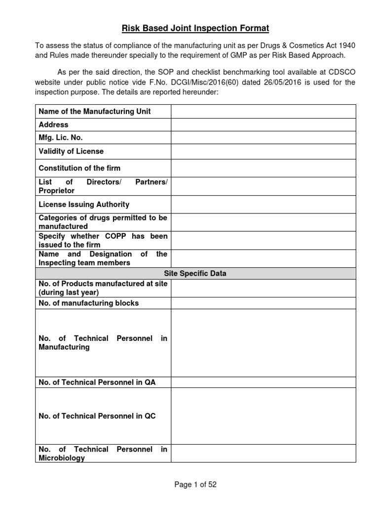 RISK BASED JOINT INSPECTION FORMAT | PDF | Hygiene | Purified Water