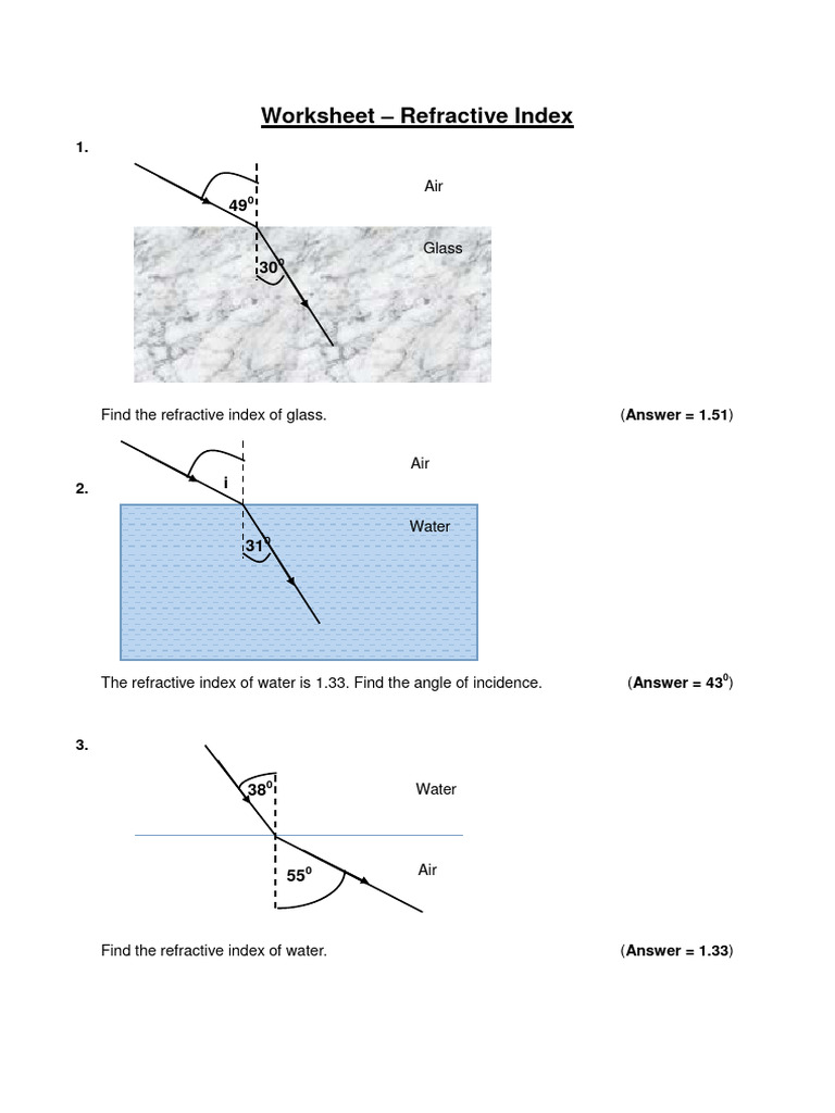 Refractive Index Worksheet for Students | PDF