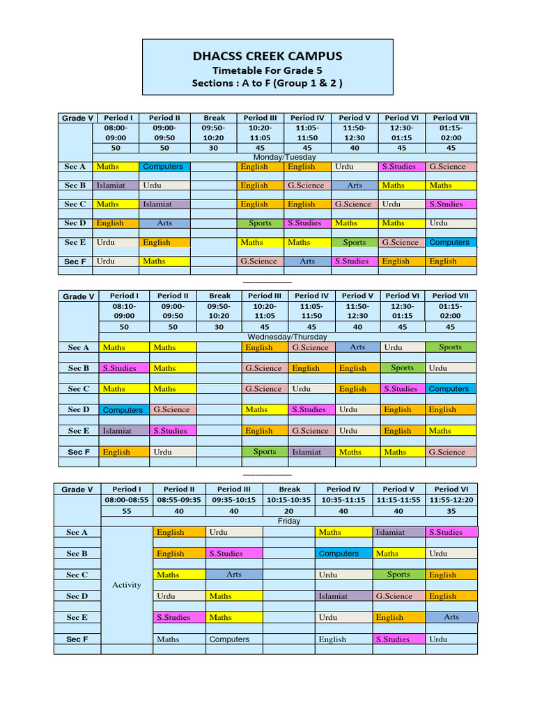 Grade 5, On Campus Timetable (Feb 2022) | PDF
