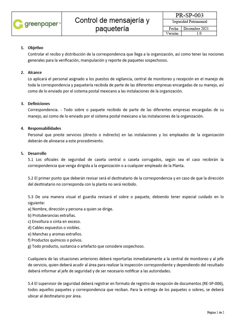 PR-SP-003 V1 Control de Mensajería y Paquetería DIC21 | PDF | Informática