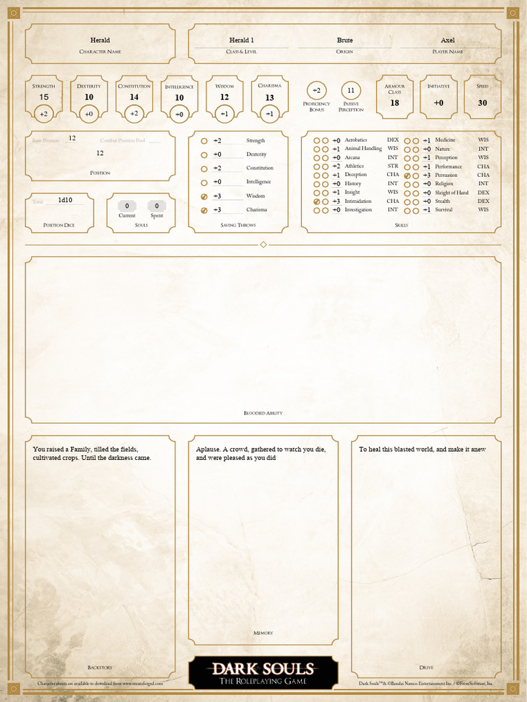 DSRPG Character Sheet Two Page Fillable | PDF
