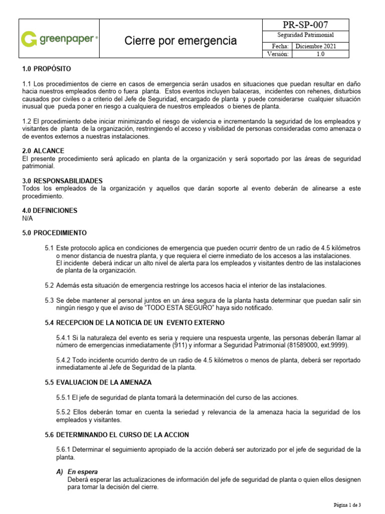 Protocolo de Cierre por Emergencia | PDF