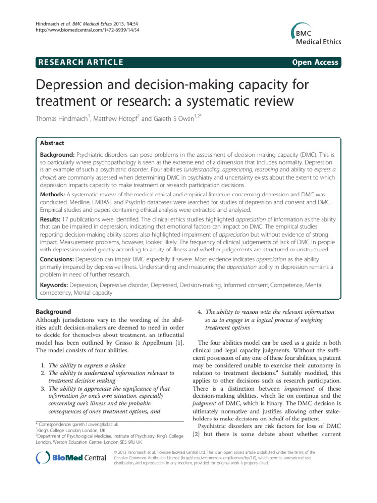 Depression and Decision-Making Capacity For Treatment or Research: A ...