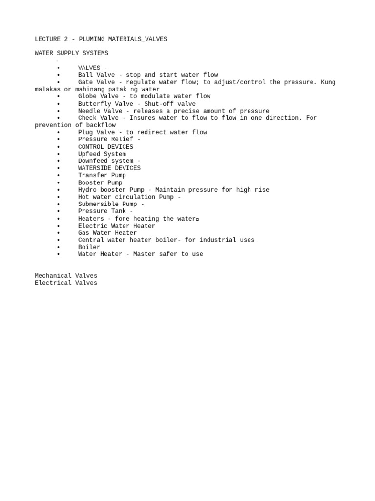Water Supply Systems and Valves Guide | PDF | Cooking, Food & Wine