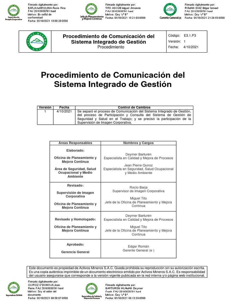 Procedimiento-E3.1.P3-Comunicacion-del-SIG-v01-y-Matriz-SIG-2021RRRRR | PDF | Seguridad y salud ...