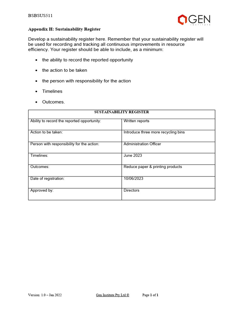 Appendix H - Sustainability Register | PDF