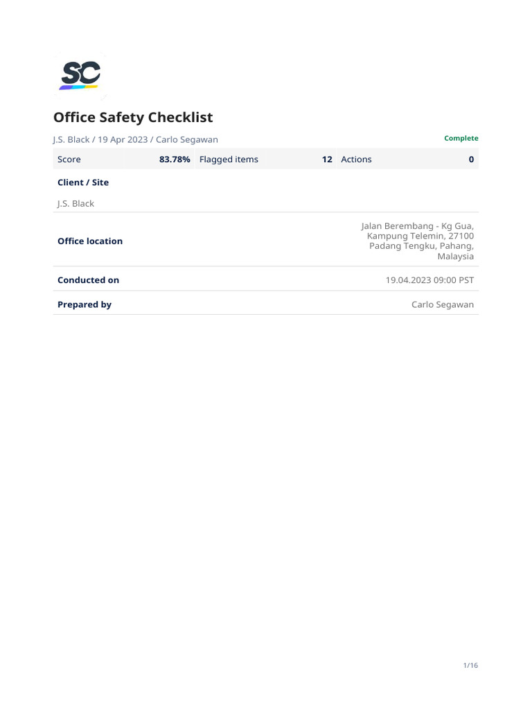 Office Safety Checklist Sample PDF Report | PDF | First Aid | Ac Power ...