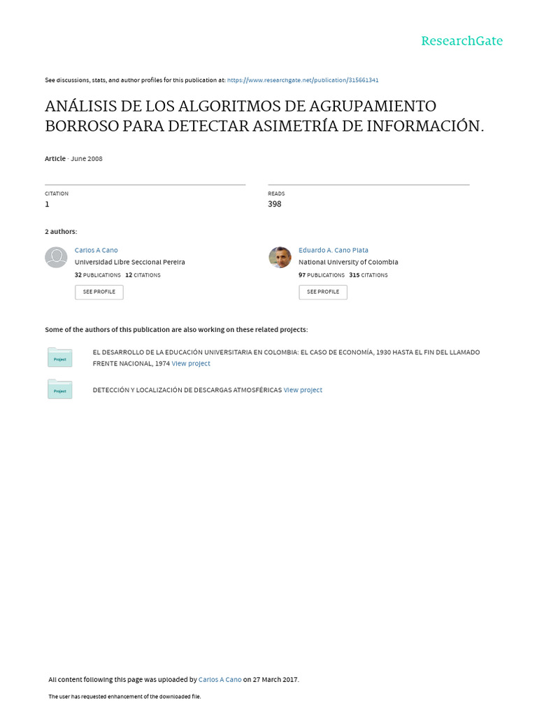 Análisis de Los Algoritmos de Agrupamiento Borroso para Detectar Asimetría de Información | PDF ...