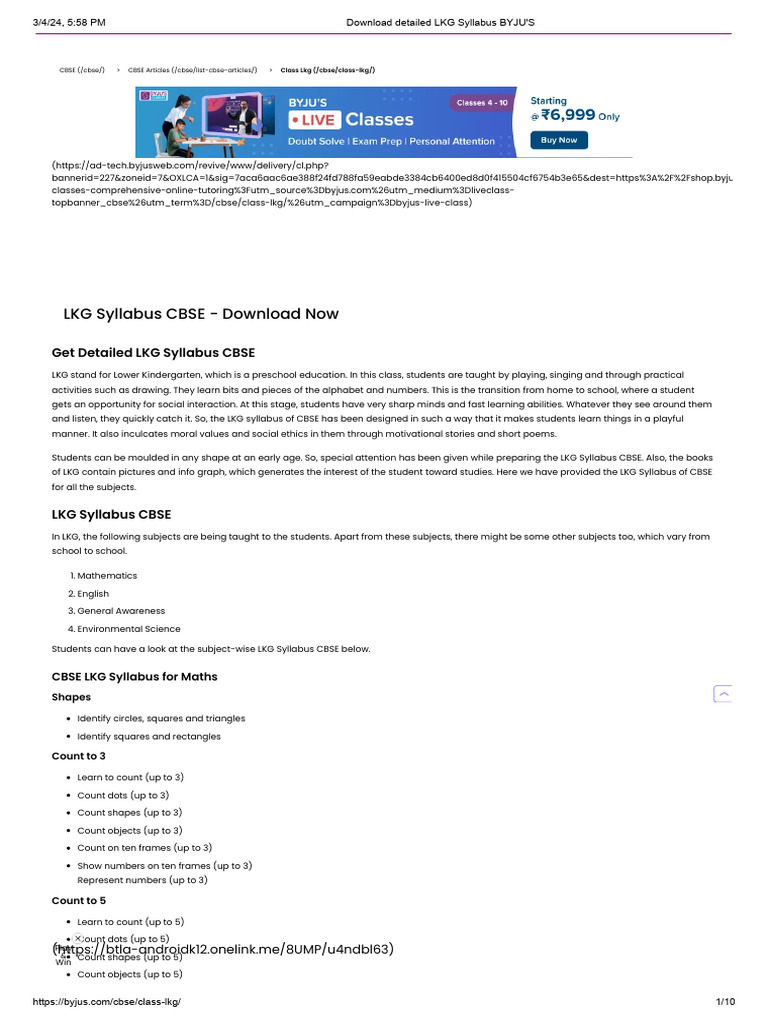 Detailed LKG Syllabus BYJU'S | PDF | Kindergarten | Schools