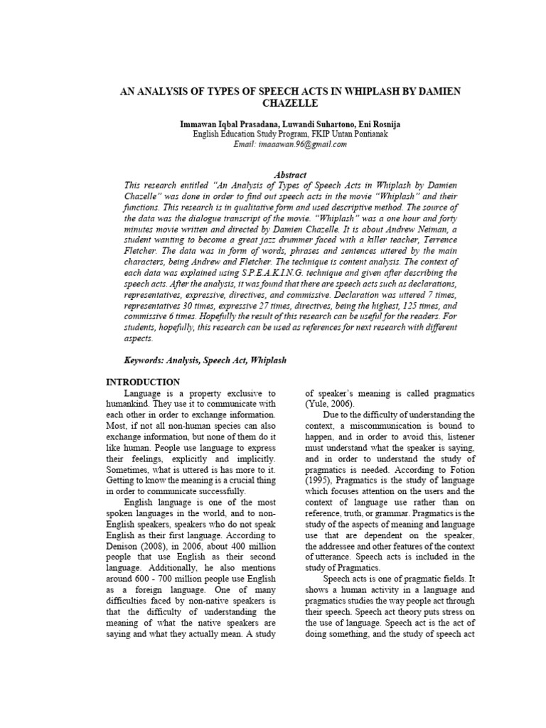An Analysis of Types of Speech Acts in Whiplash by Damien | PDF | Human Communication | Linguistics