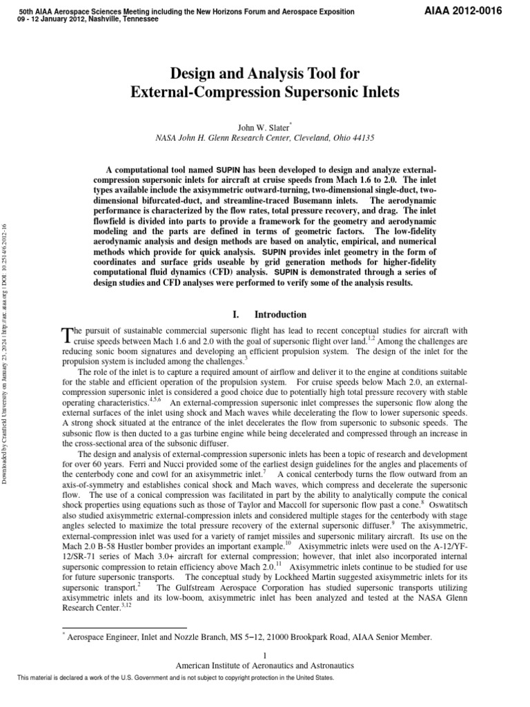 slater-2012-design-and-analysis-tool-for-external-compression-supersonic-inlets | PDF | Mach ...