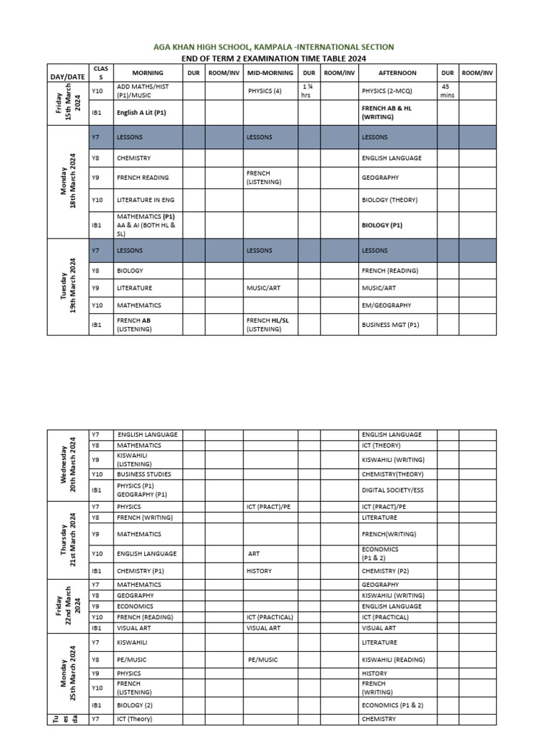 End of Term 2 Exam Timetable 2024 | PDF | Nature | Science