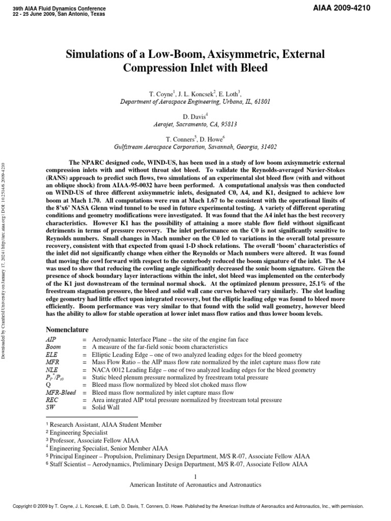 Coyne Et Al 2012 Simulations of A Low Boom Axisymmetric External Compression Inlet | PDF | Shock ...