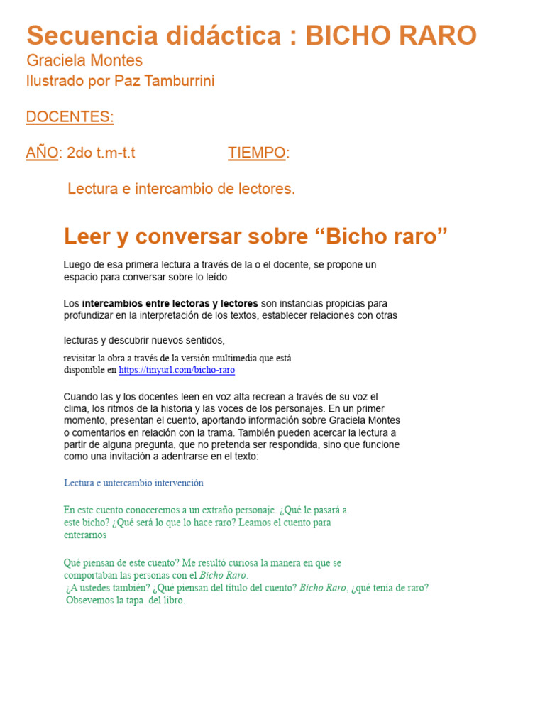 Secuencia Didáctica BICHO RARO | PDF | Escritura | Cuentos