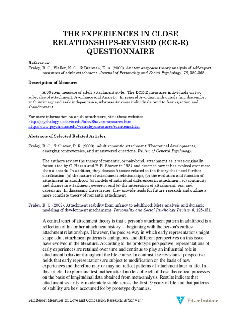 ECR-R Questionnaire on Attachment Styles | PDF | Attachment Theory ...