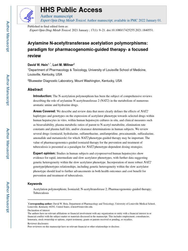 NAT2 Acetylation Polymorphisms Review | PDF | Pharmacogenomics ...