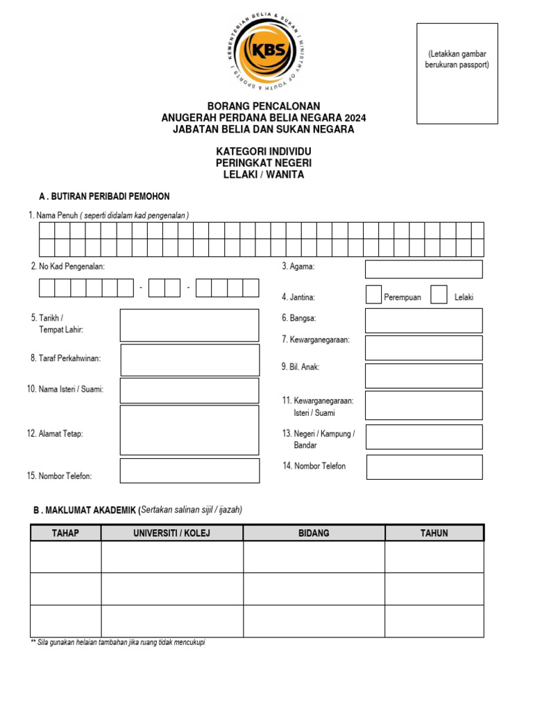 BORANG PENCALONAN ANUGERAH PERDANA 2024 - INDIVIDU PERINGKAT NEGERI | PDF