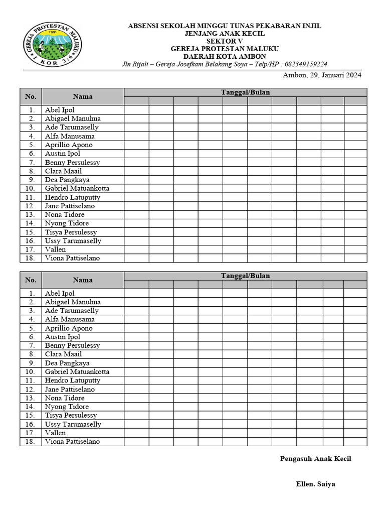 Absen Sekolah Minggu Tunas Pekabaran | PDF