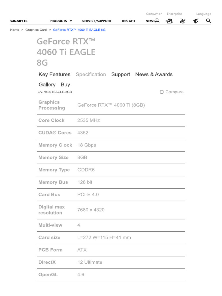 2023-11-24 GTX 4060 Ti GeForce RTX™ 4060 Ti EAGLE 8G Specification ...