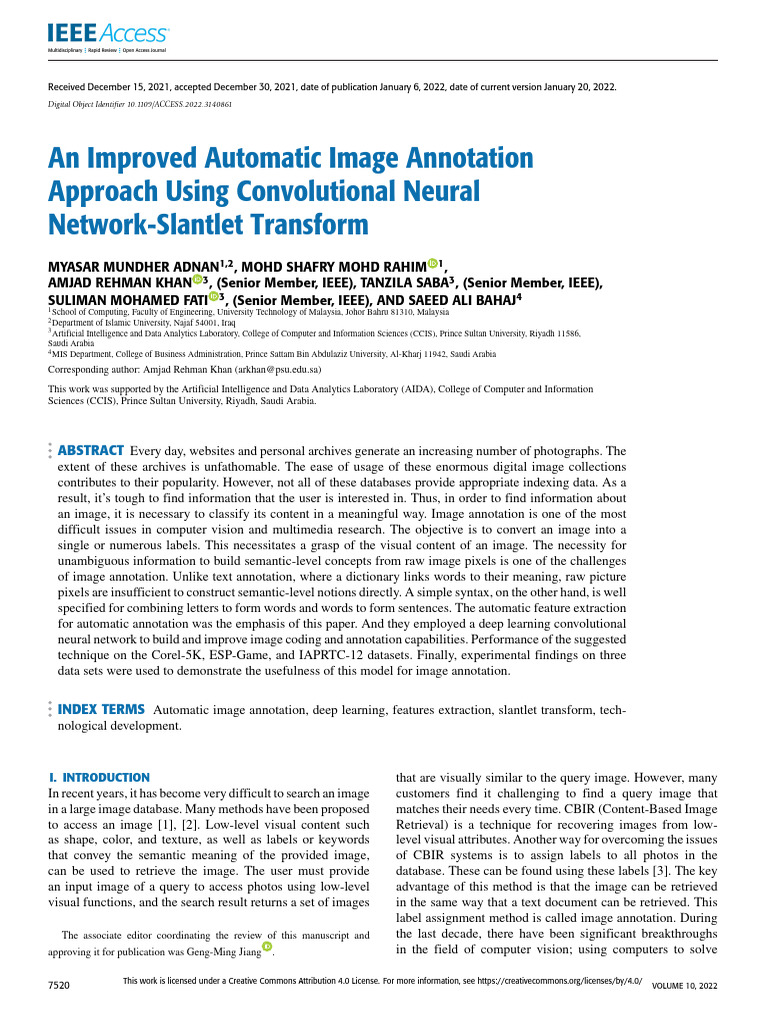 An Improved Automatic Image Annotation Approach Using Convolutional Neural Network-Slantlet ...