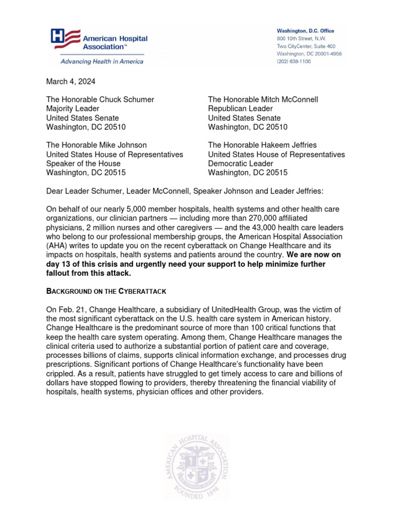 Letter AHA | PDF | Health Care | Health System