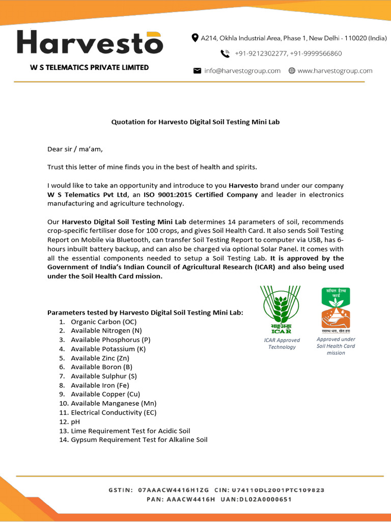 Quotation Harvesto Soil Testing Kit PVT | PDF | Soil | Fertilizer
