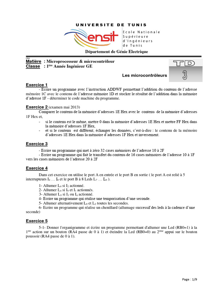 Exercices corrigés sur microcontrôleurs PIC | PDF | Structure de contrôle | Pointeur (programmation)