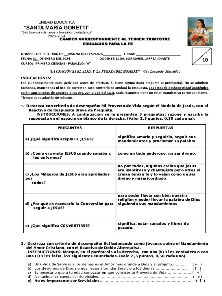 Ivvy Díaz - Examen Sor Isabel | PDF | Creencia religiosa y doctrina