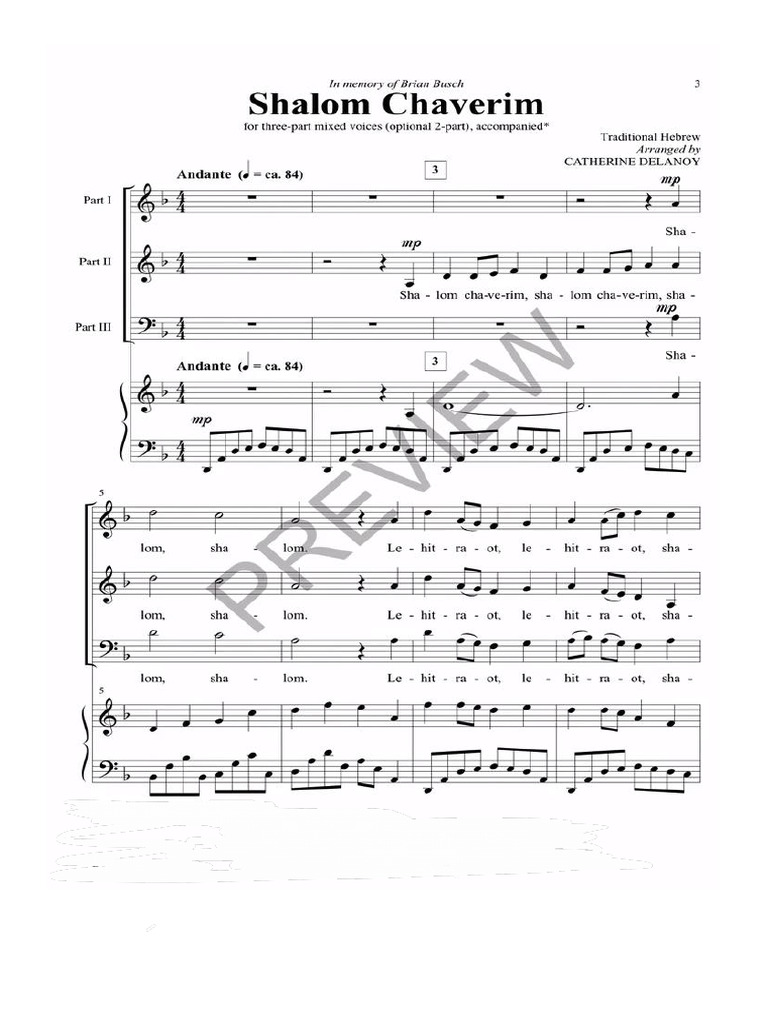 Shalom Chaverim - Arranged by Catherine Delanoy | PDF