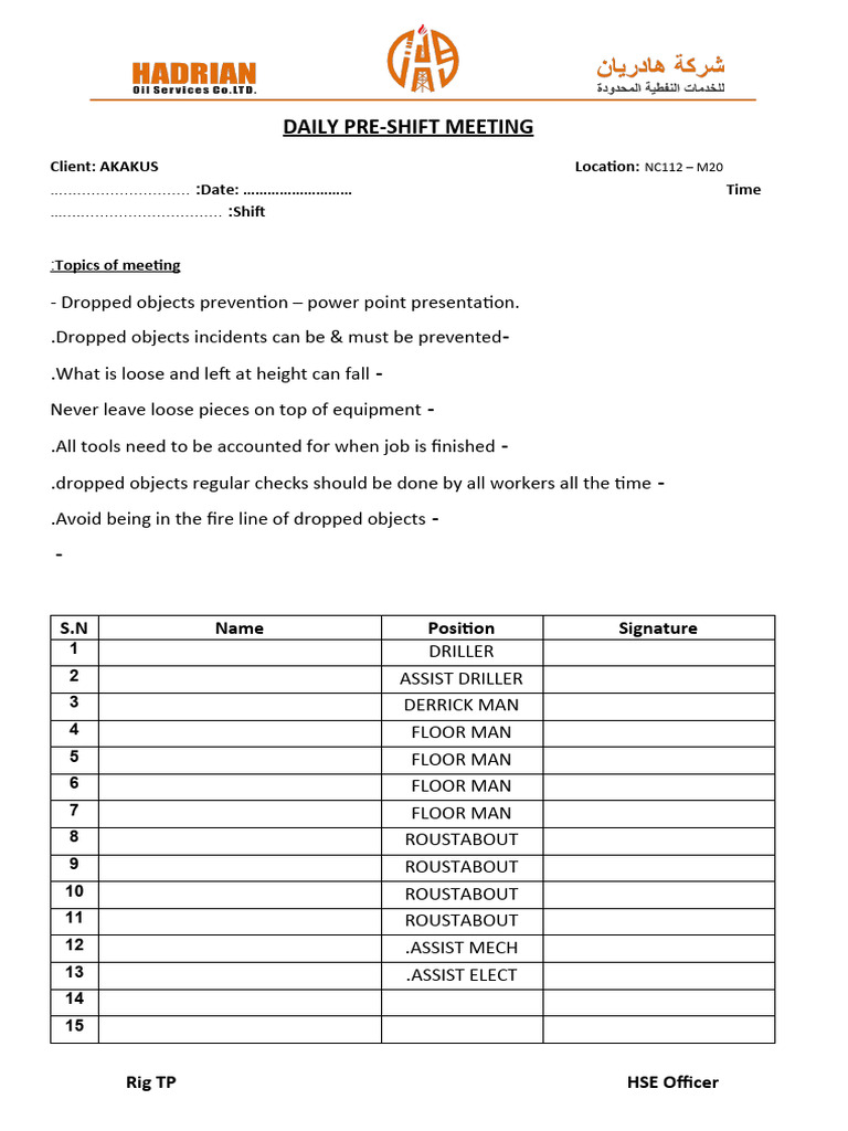 Daily Pre-Shift Safety Meeting Template | PDF