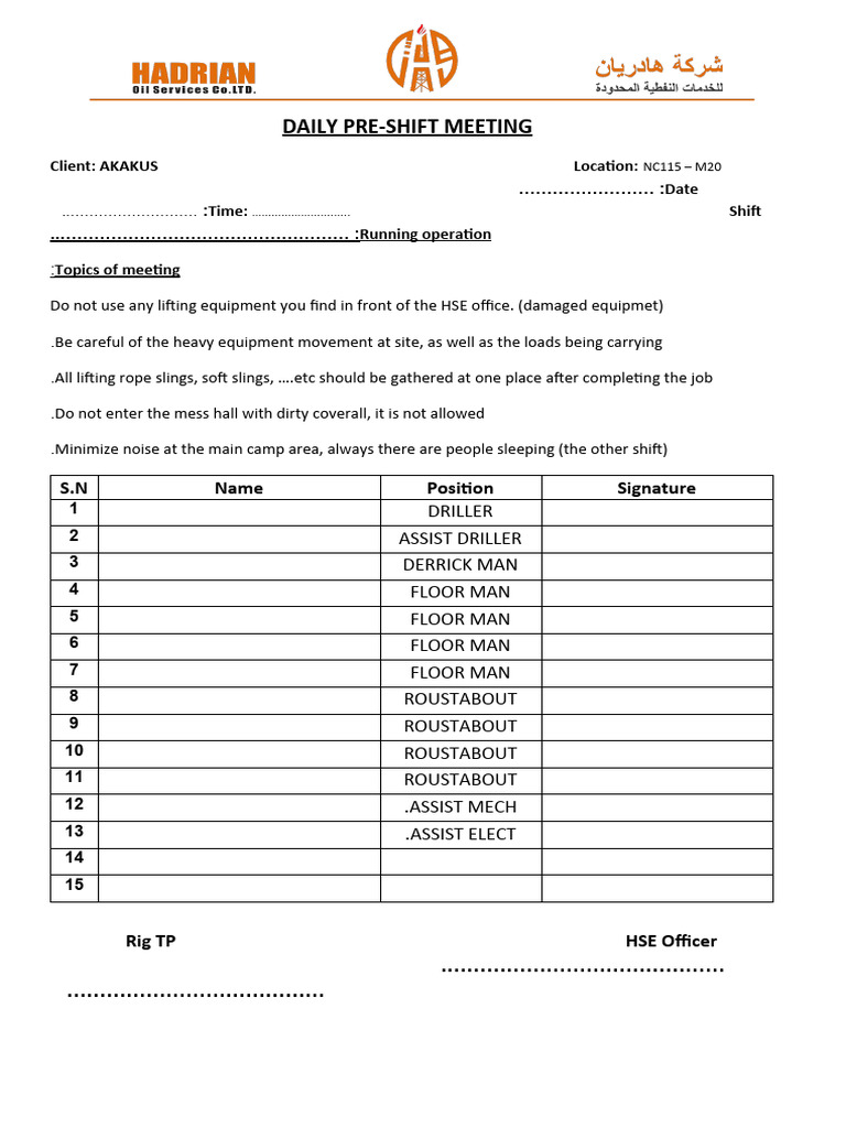 Daily Pre-Shift Safety Meeting Template | PDF
