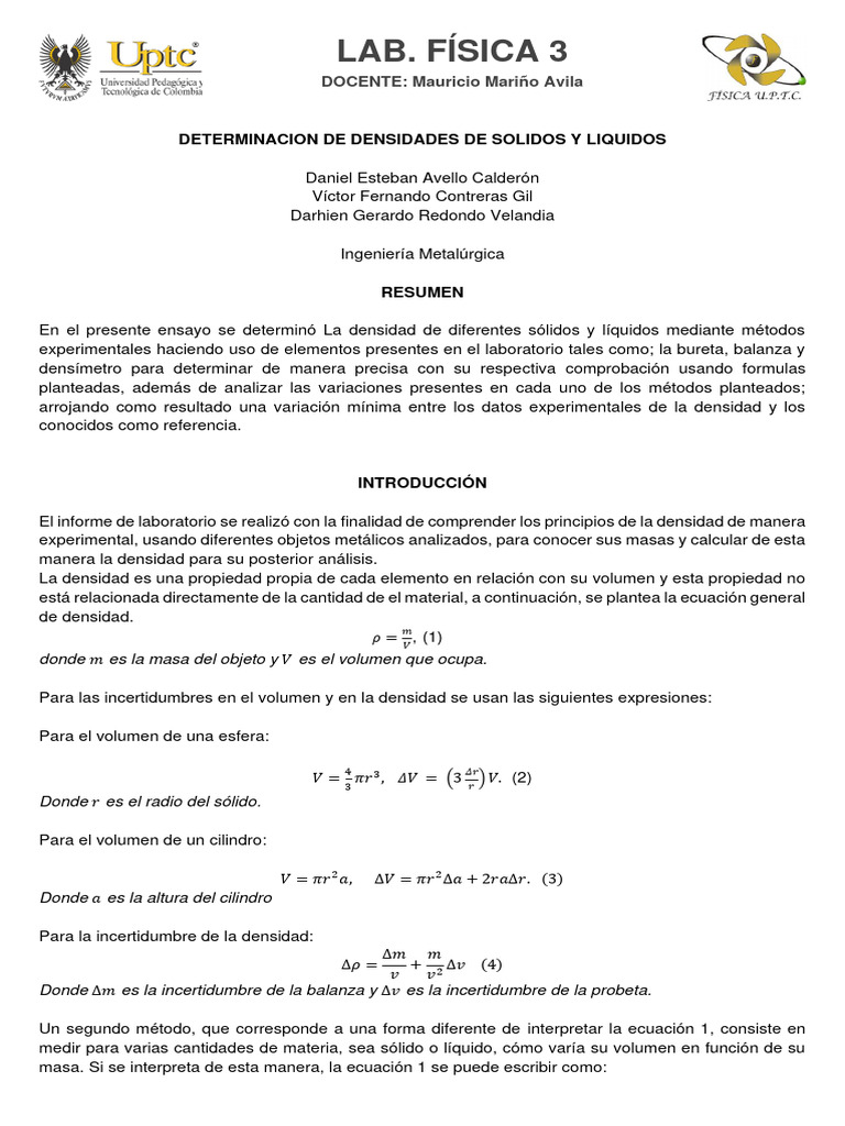 Práctica Densidades de Sólidos y Liquidos | PDF | Densidad | Masa