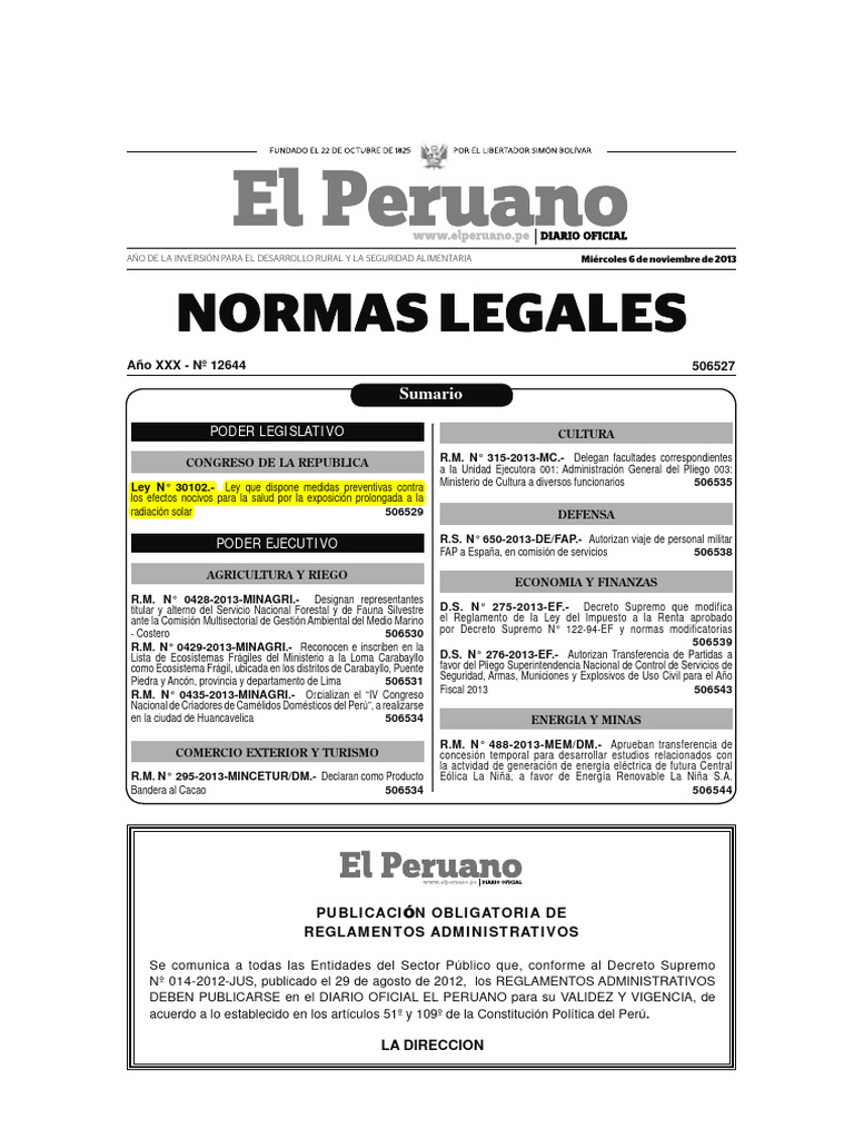 Ley 30102: Protección Solar en Perú | PDF | Perú | Ejecutivo (gobierno)