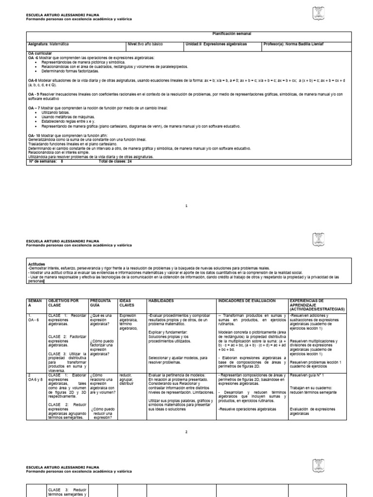 8vo Matematica Unidad II Planificación | PDF