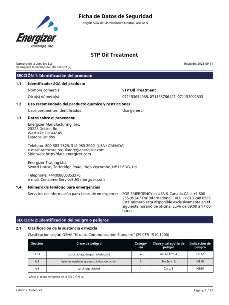 STP Oil Treatment: Seguridad y Peligros | PDF | Especialidades Medicas ...
