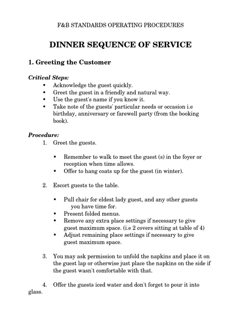 Restaurant Service Procedures | PDF | Entrée | Tableware