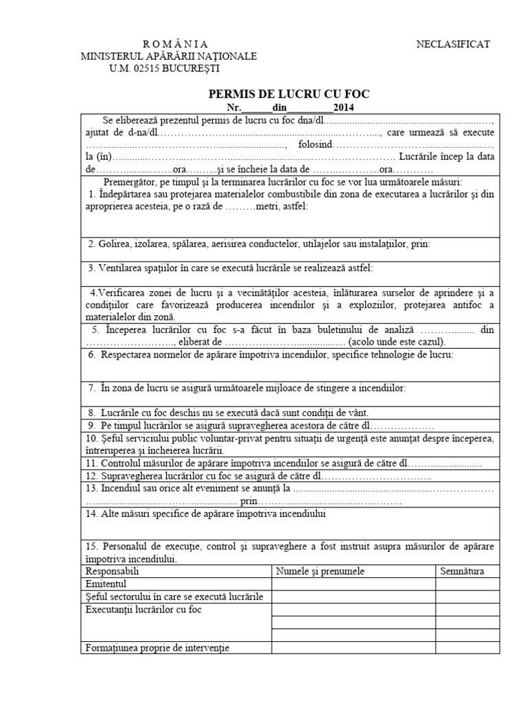 MODEL Permis de Lucru Cu Foc | PDF