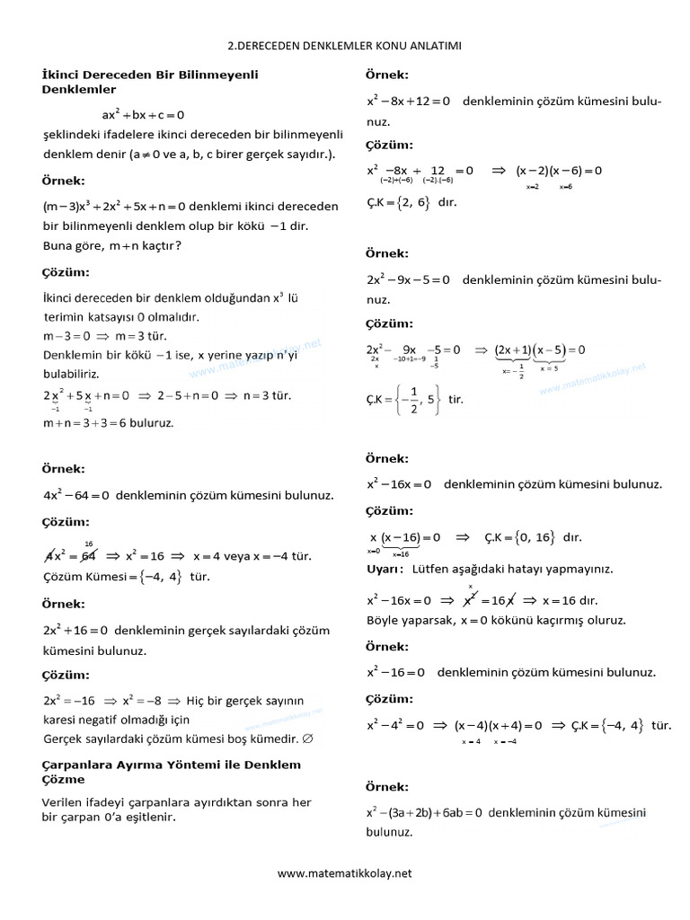 2.dereceden Denklemler Konu Anlatımı | PDF