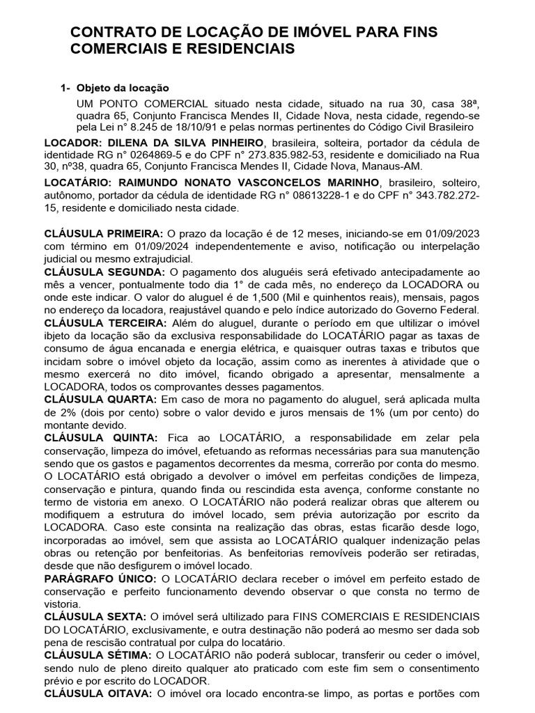 Contrato De Locação De Imóvel Para Fins Comerciais E Residenciais Pdf