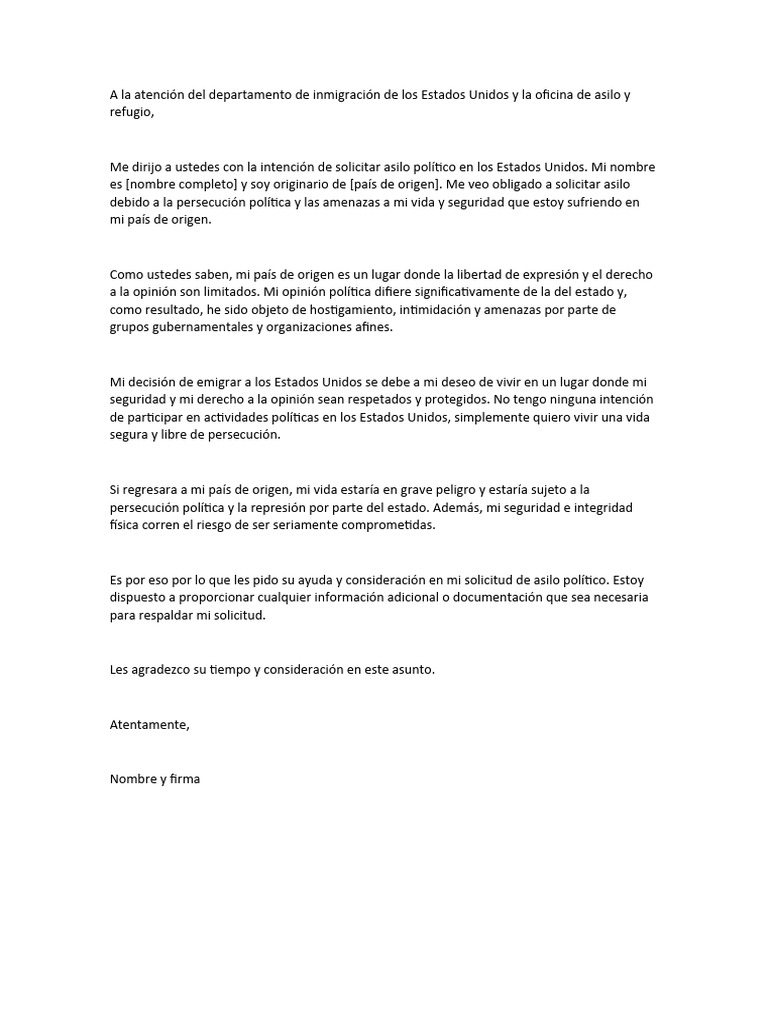 Modelo de Carta de Solicitud de Asilo Politico en Estados Unidos | PDF