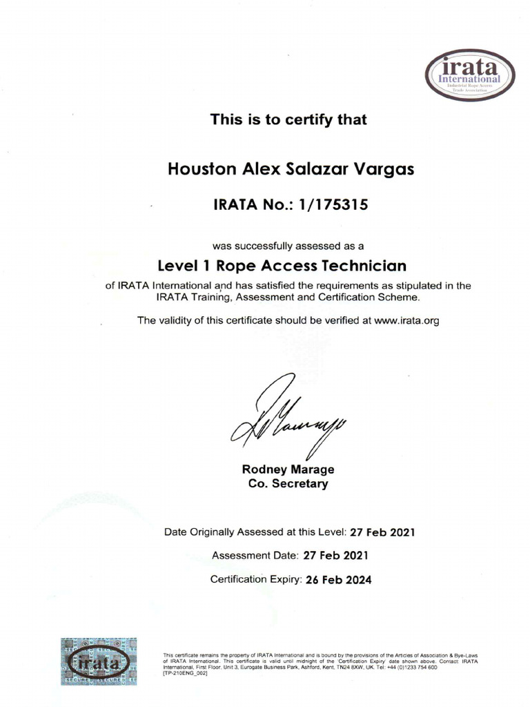 CERTIFICADO IRATA 1 | PDF