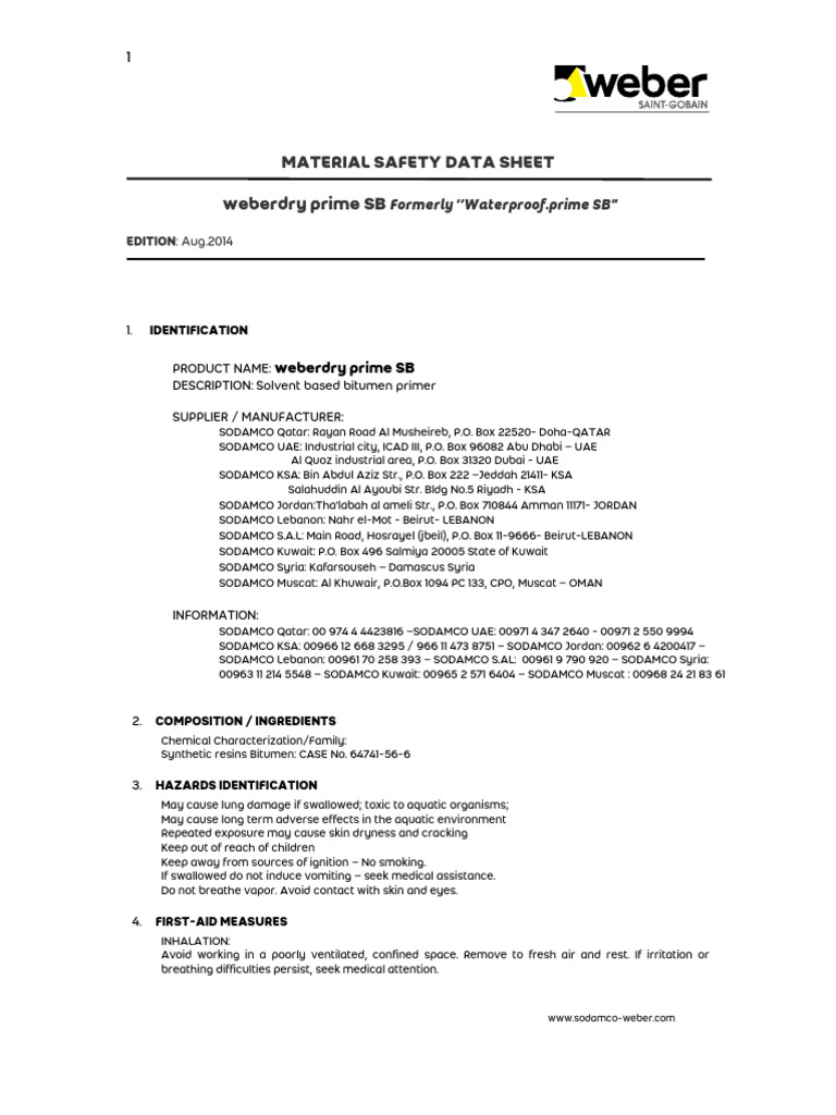 weberdry prime SB Safety Data Sheet | PDF | Water | Personal Protective ...