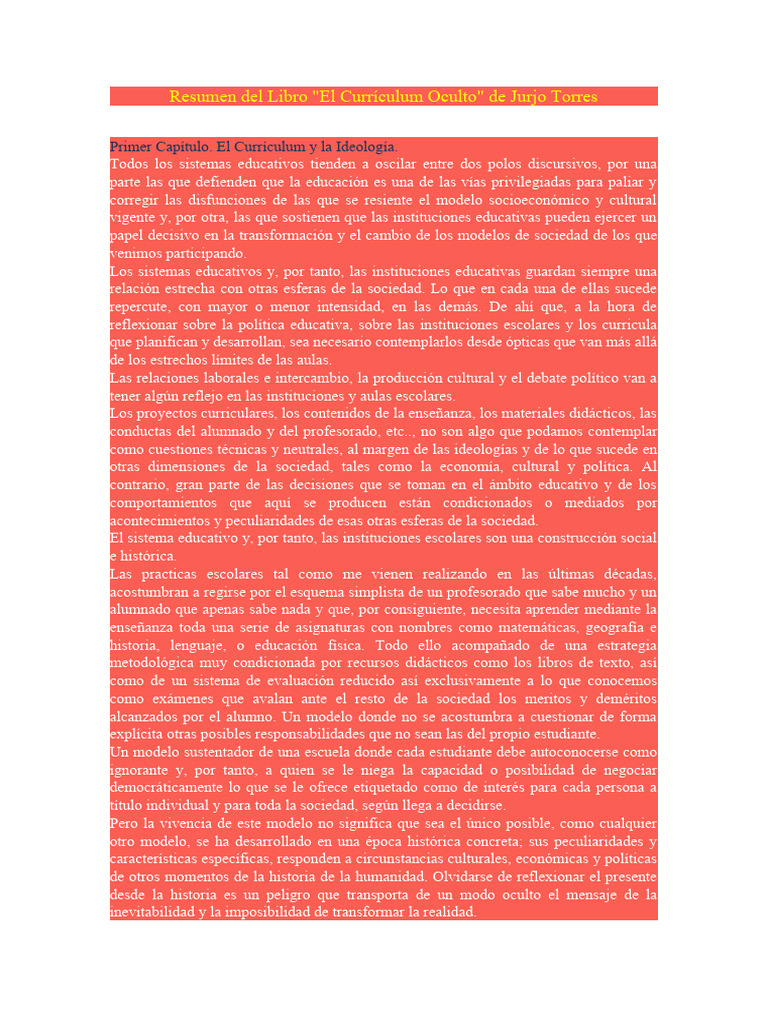 Resumen Texto Jurjo Torres Cap. 1 y 2 | PDF